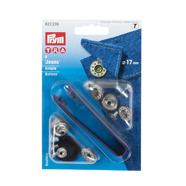 PRYM 17mm Hollow Jean Buttons with Tool - 8 pieces (Brushed Silver Sta ...